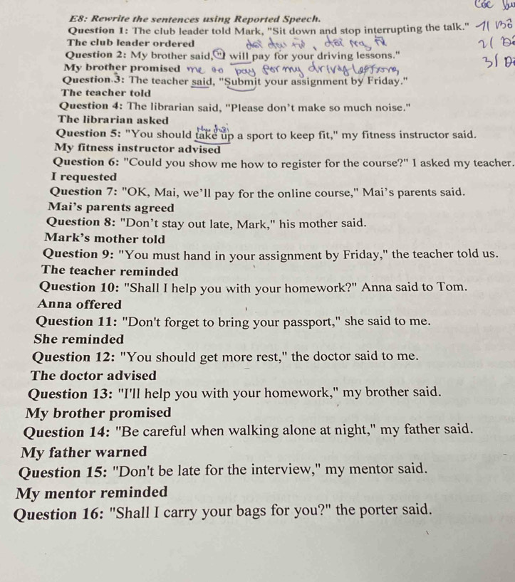 Giải quyết:E8: Rewrite the sentences using Reported Speech. Question 1 ...