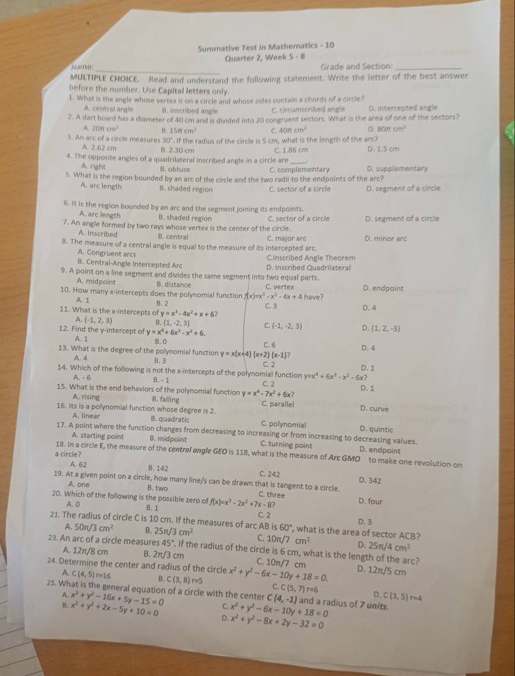Solved: Summative Test in Mathematics - 10 Quarter 2, Week 5 - 8 _ Name ...