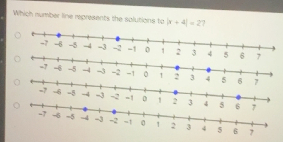 Solved: Which number line represents the solutions to |x+4|=2 ? 2 6 7 ...