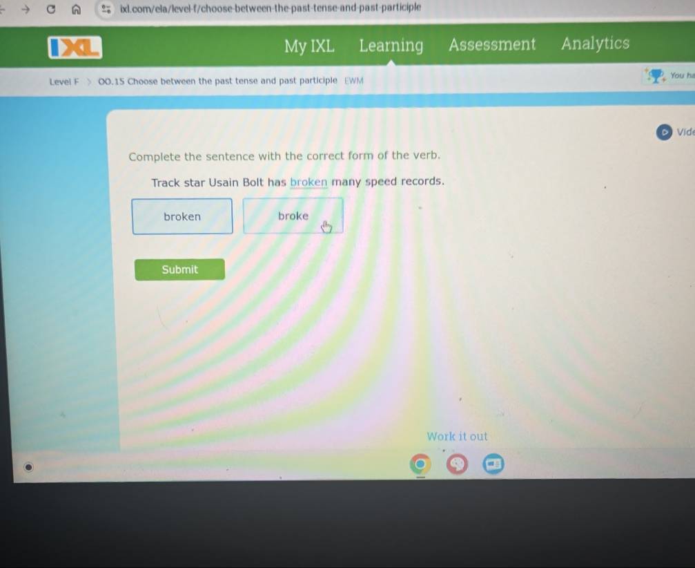 Solved: My IXL Learning Assessment Analytics Level F 00.15 Choose ...