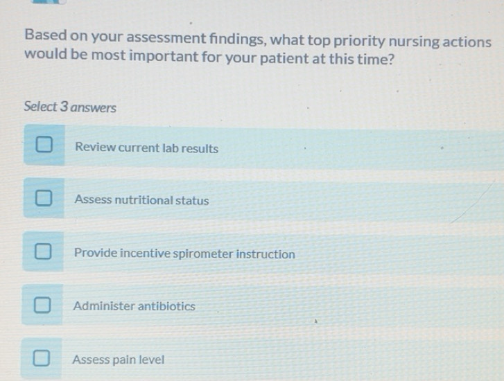 Solved: Based on your assessment findings, what top priority nursing ...