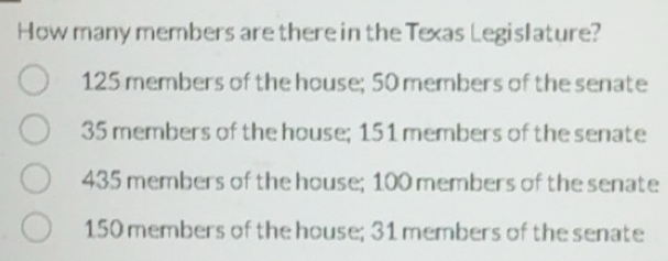 Solved: How many members are there in the Texas Legislature? 125 ...