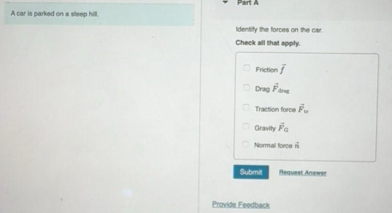 Solved: A car is parked on a steep hill. Identify the forces on the car ...