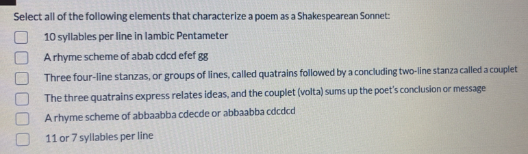 Solved: Select all of the following elements that characterize a poem ...