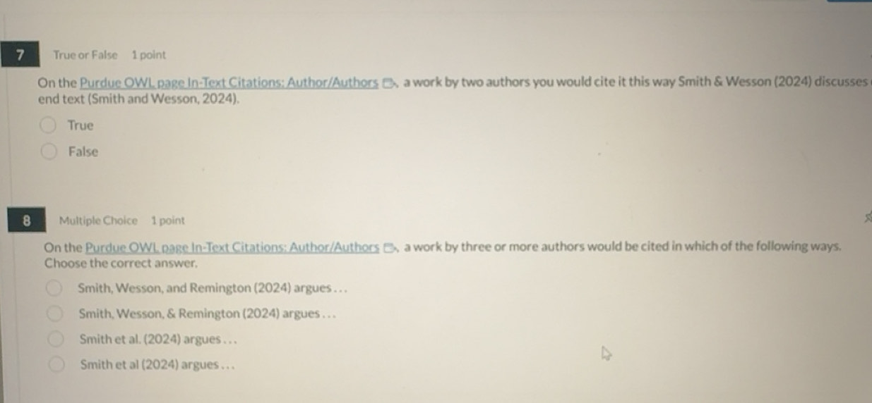 Solved: True or False 1 point On the Purdue OWL page In-Text Citations ...