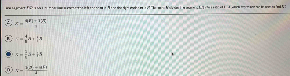 Line segment BR is on a number line such that the left endpoint is B ...