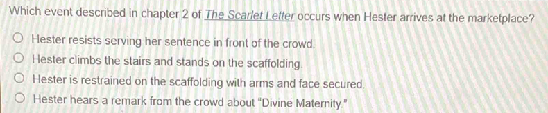 Solved: Which event described in chapter 2 of The Scarlet Letter occurs ...