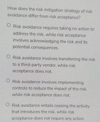Solved: How does the risk mitigation strategy of risk avoidance differ ...