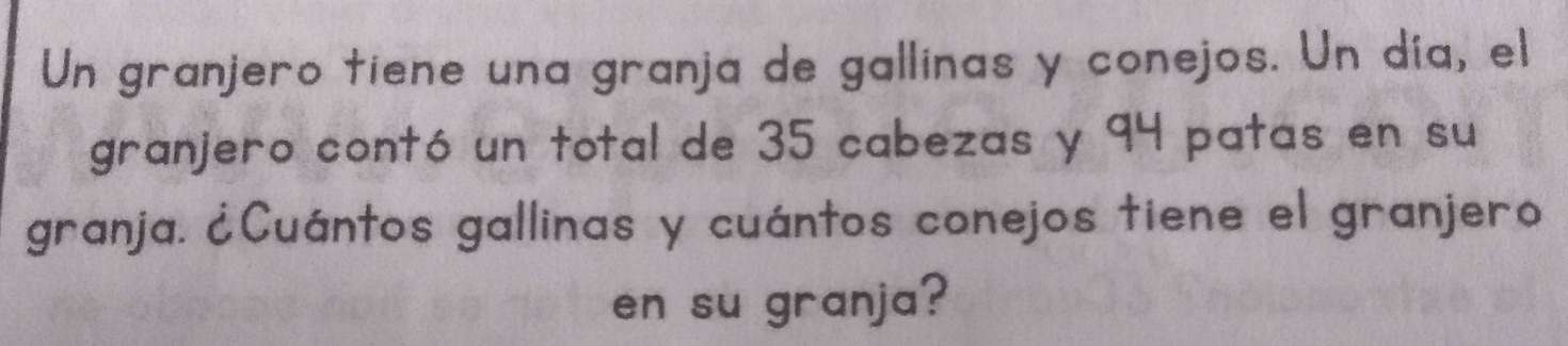 Resuelto:Un granjero tiene una granja de gallinas y conejos. Un día, el granjero contó un total de