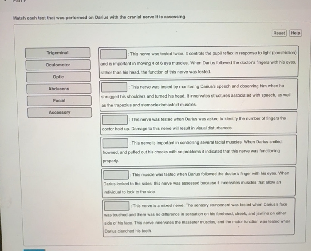 Solved: Match each test that was performed on Darius with the cranial ...
