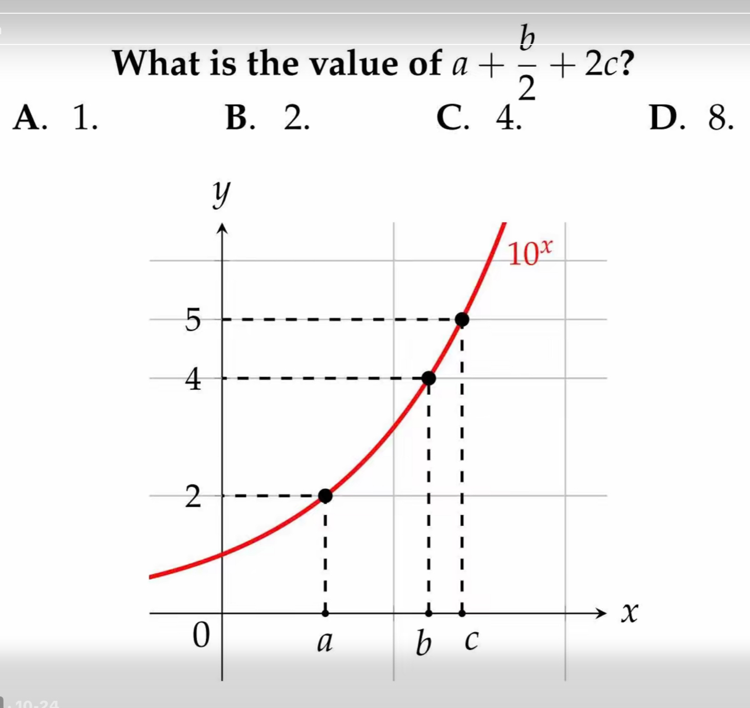 Giải quyết:What is the value of a+ b/2 +2c ? A. 1. B. 2. C. 4. D. 8.