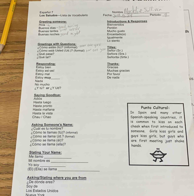 Solved: Español 7 Nombre_ Los Saludos—Lista de Vocabulario Fecha ...