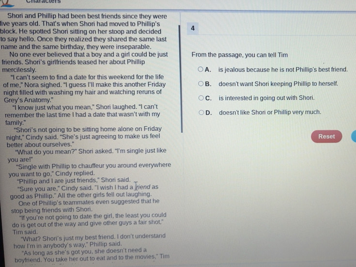 Solved: Characters Shori and Phillip had been best friends since they ...