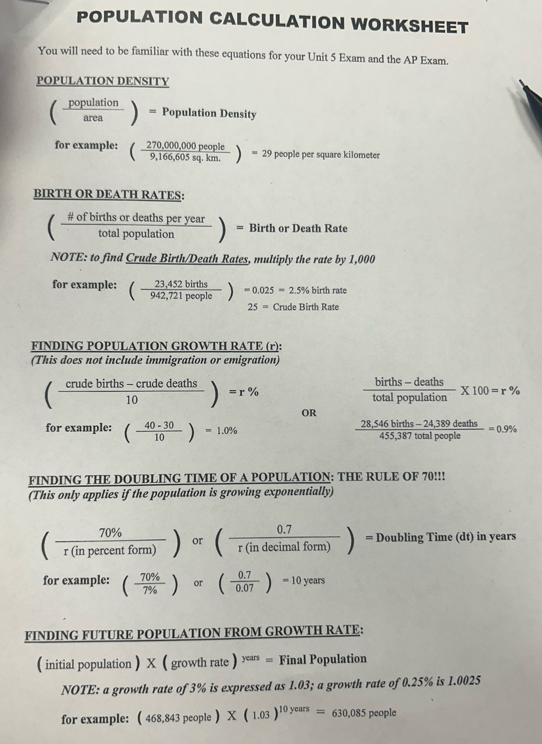 Solved: POPULATION CALCULATION WORKSHEET You will need to be familiar ...