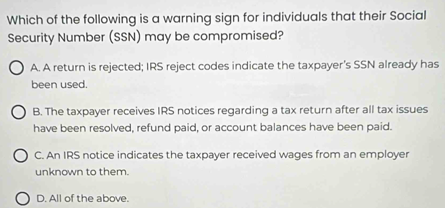 Solved: Which of the following is a warning sign for individuals that ...