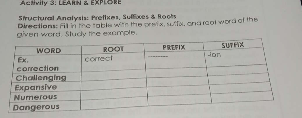 Solved: Activity 3: LEARN & EXPLORE Structural Analysis: Prefixes ...