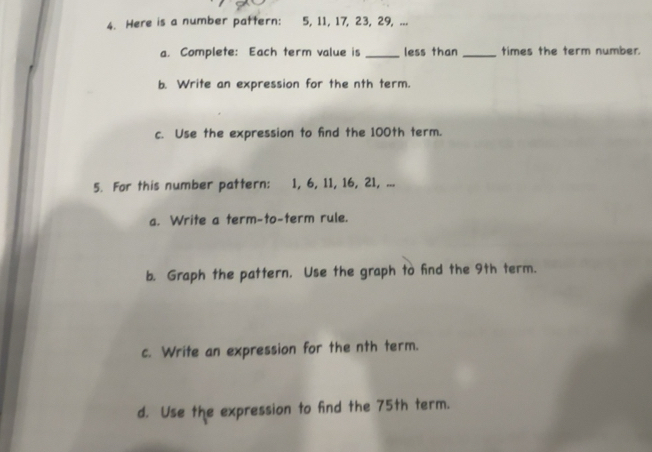 Solved: Here is a number pattern: 5, 11, 17, 23, 29, ... a. Complete ...