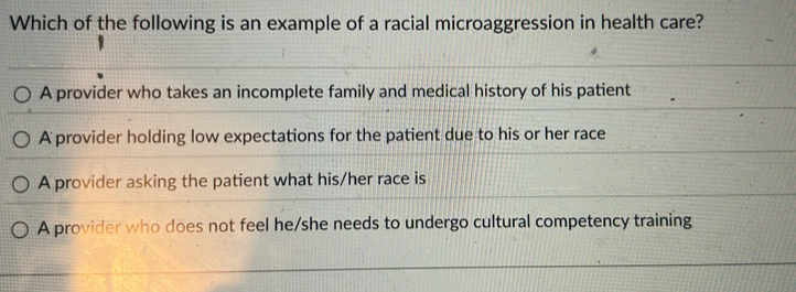 Solved: Which of the following is an example of a racial ...