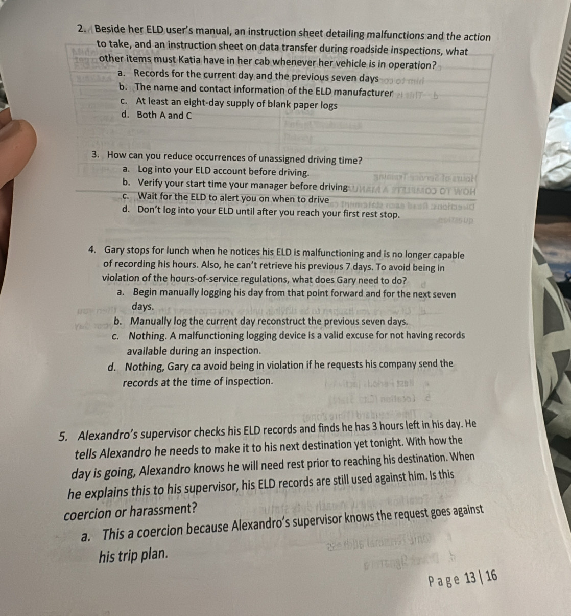 Solved: Beside her ELD user’s manual, an instruction sheet detailing ...