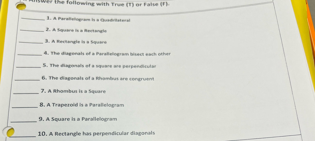 Solved: Answer the following with True (T) or False (F). _1. A ...