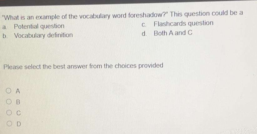 Solved: Potential question c. Flashcards question b. Vocabulary ...