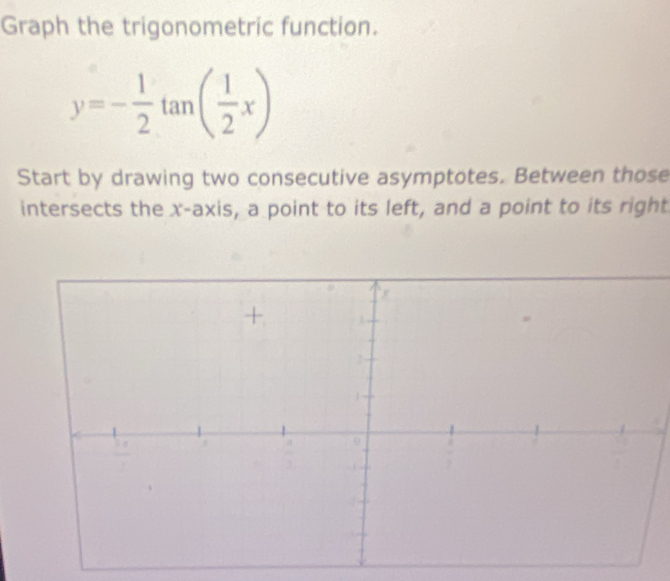 Solved: Graph the trigonometric function. y=- 1/2 tan ( 1/2 x) Start by drawing two consecutive ...