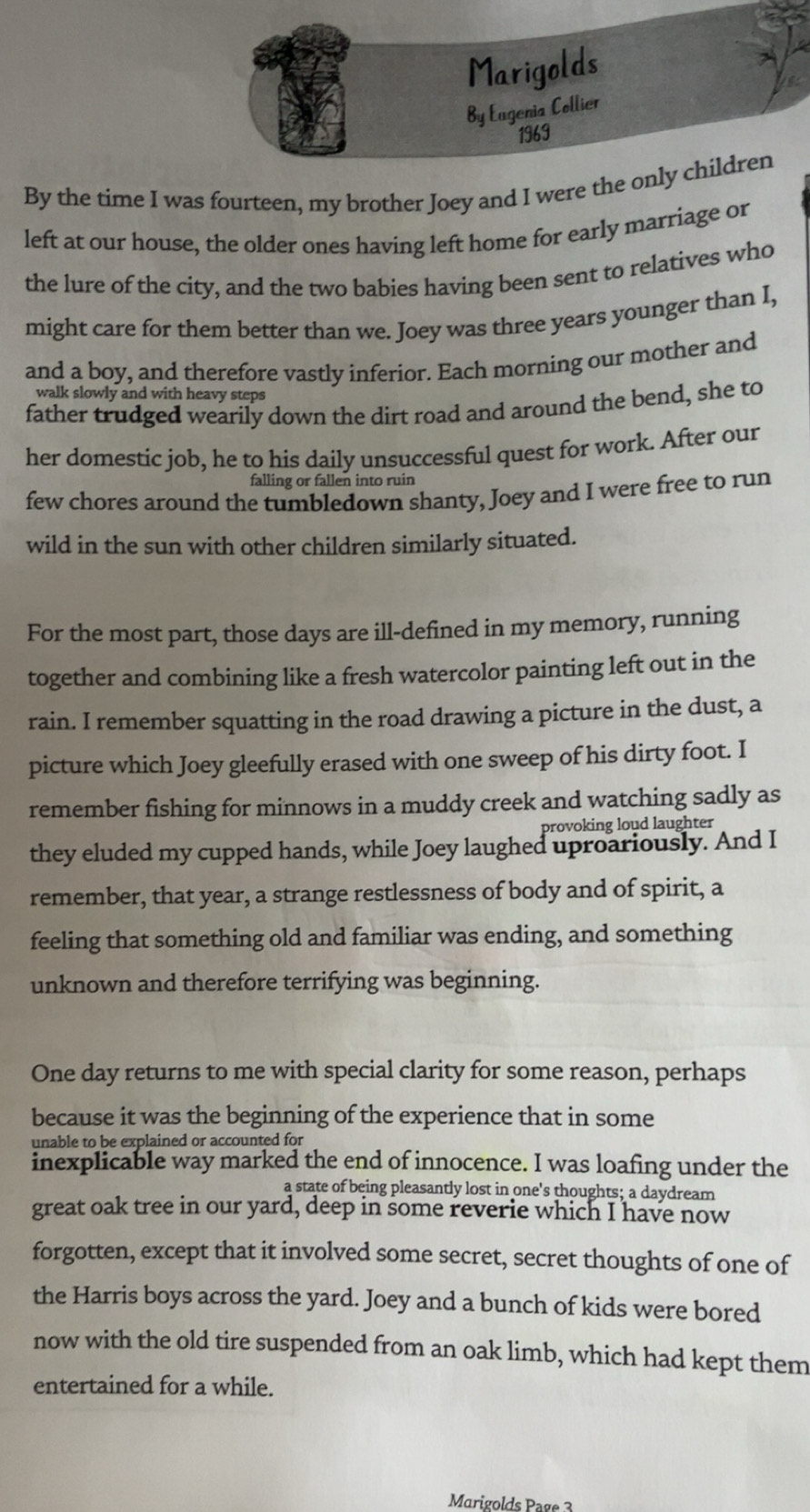 Solved: Marigolds B_y Eugenia Collier 1969 By the time I was fourteen ...