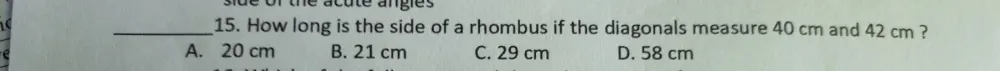 Solved: he acute angies _15. How long is the side of a rhombus if the ...