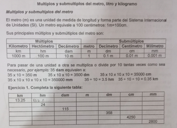 Resuelto:Multiplos y submultiplos del metro, litro y kilogramo ...