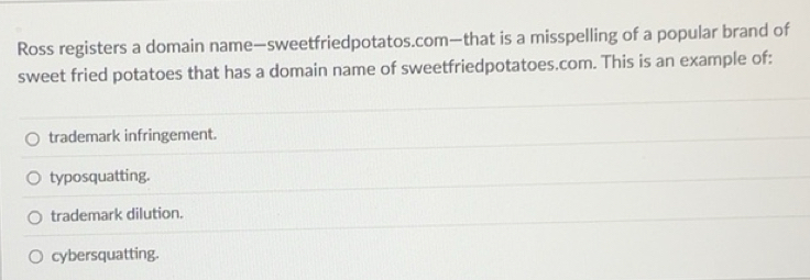 Solved: Ross registers a domain name—sweetfriedpotatos.com—that is a ...