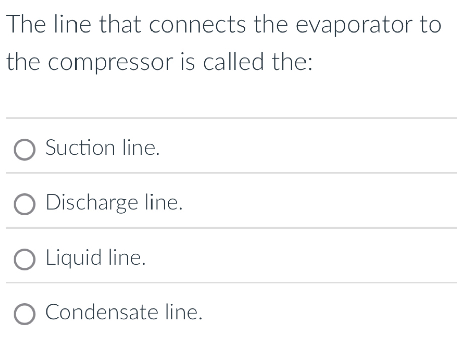 Solved: The line that connects the evaporator to the compressor is ...
