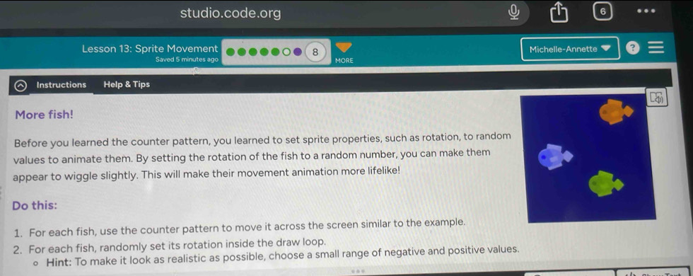 Solved Studio Code Org Lesson 13 Sprite Movement Michelle Annette 8