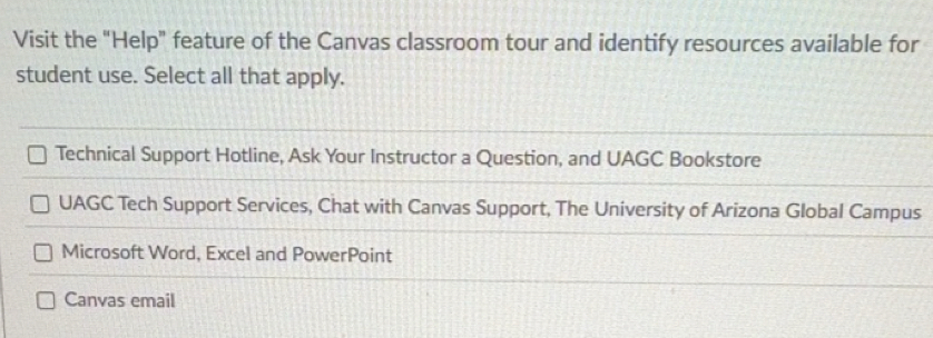 Solved: Visit the "Help" feature of the Canvas classroom tour and identify resources available ...