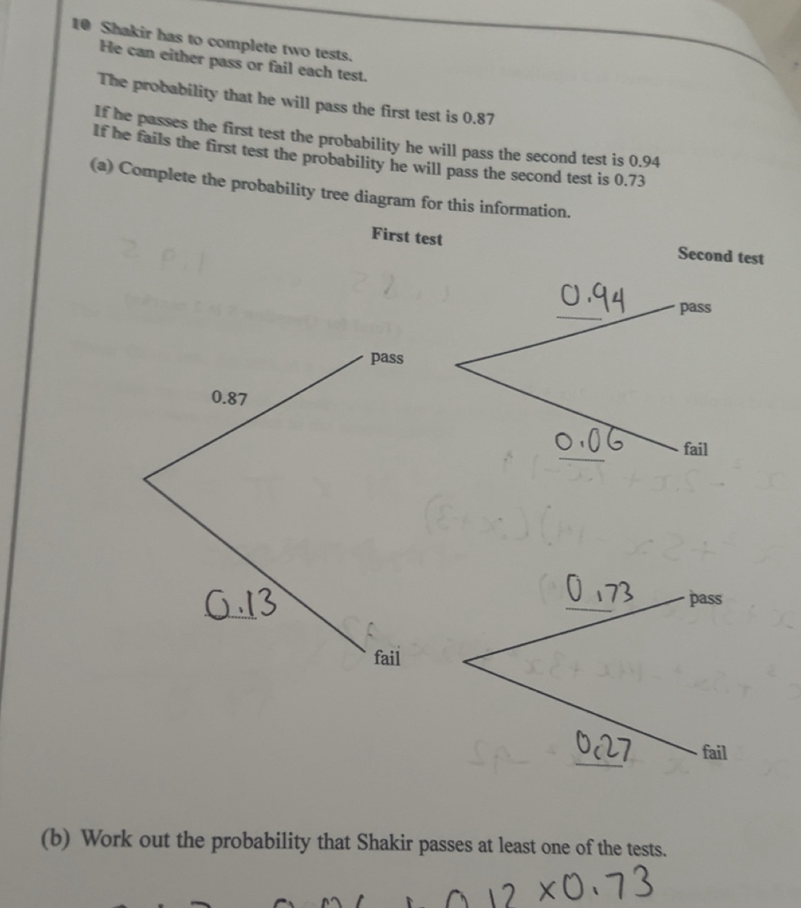 Solved: Shakir has to complete two tests. He can either pass or fail ...
