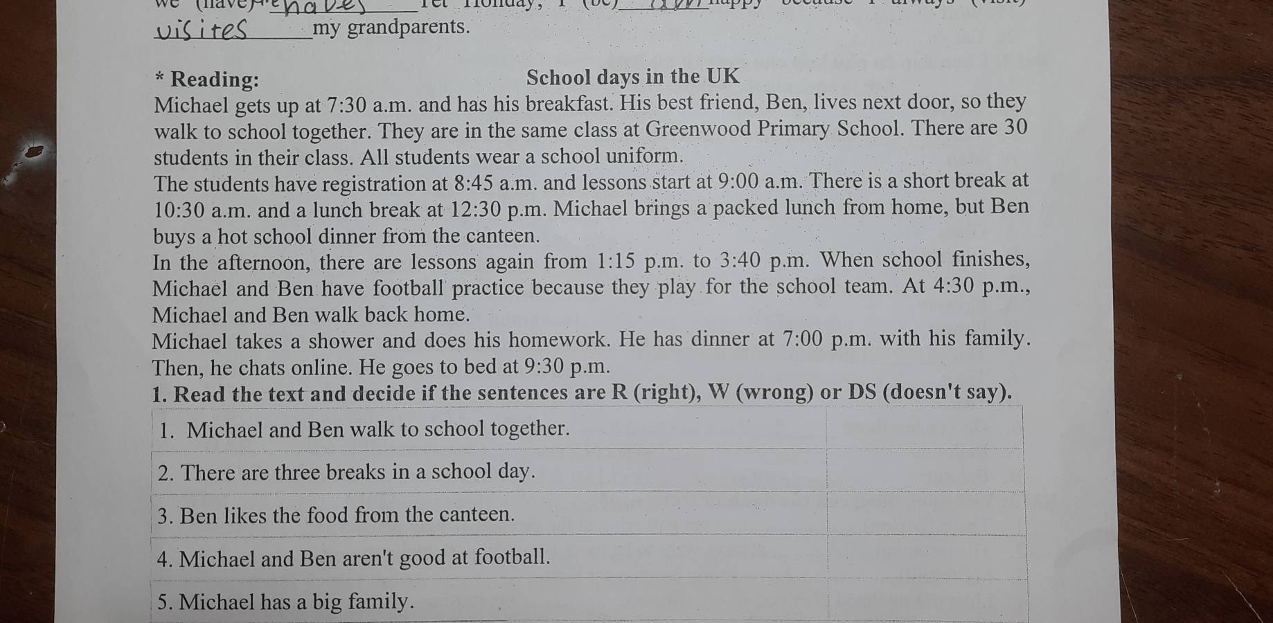 Giải quyết:we (haveA _re monday,_ _my grandparents. * Reading: School ...