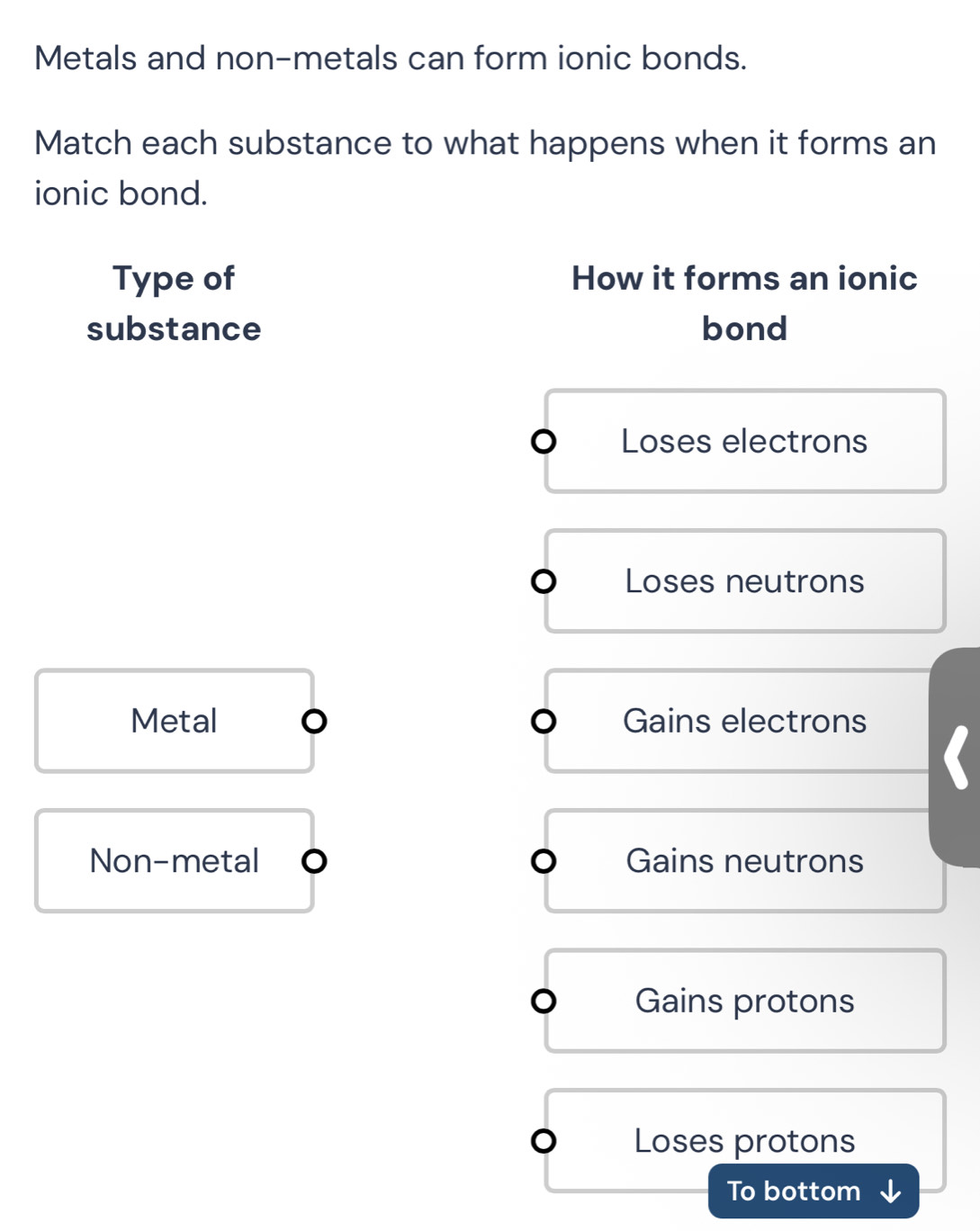 Solved: Metals and non-metals can form ionic bonds. Match each ...