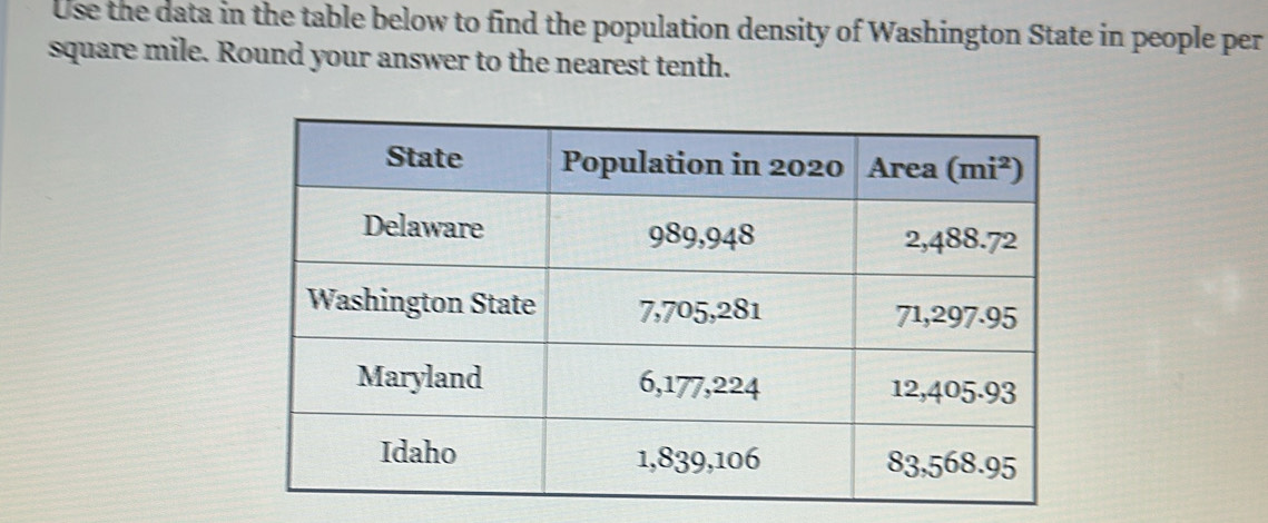 Solved: Use the data in the table below to find the population density ...