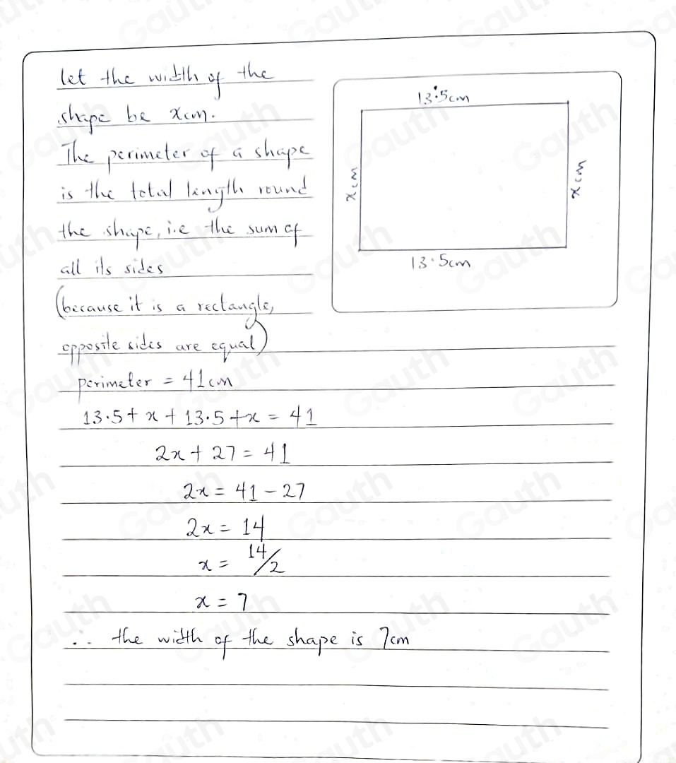 Solved: The perimeter of this shape is 41 cm. The length is 13.5 cm ...
