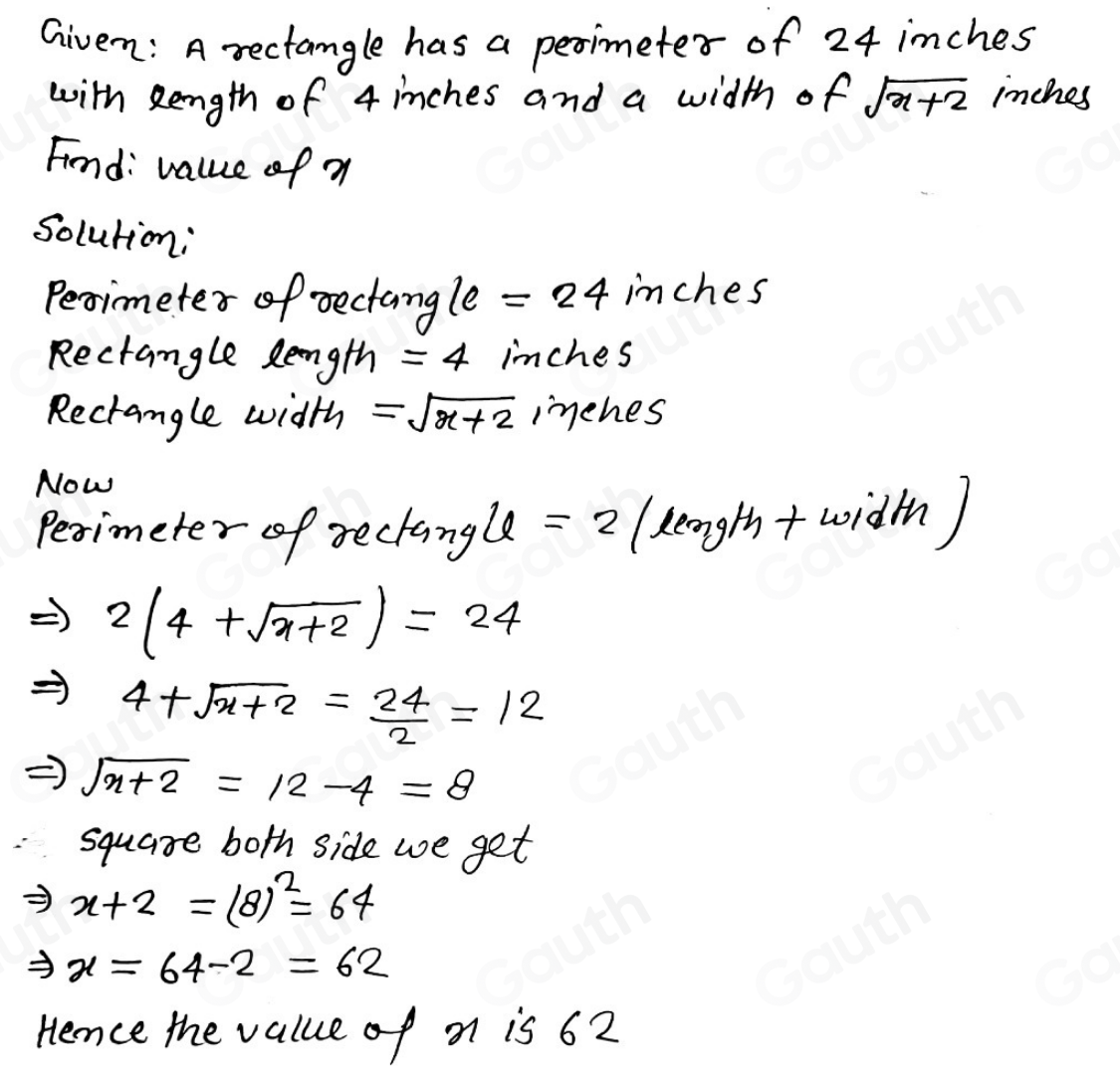 Solved: A rectangle has a perimeter of 24 inches with a length of 4 ...