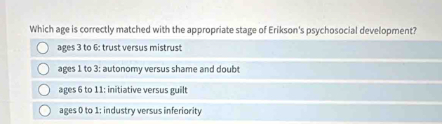 Solved: Which age is correctly matched with the appropriate stage of ...