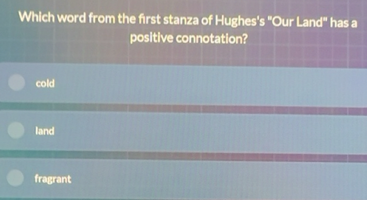 Solved: Which word from the first stanza of Hughes's "Our Land" has a ...
