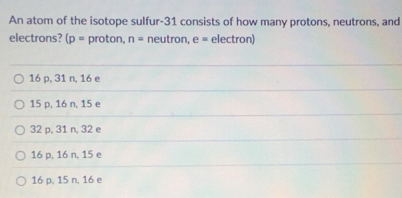 Solved: An atom of the isotope sulfur- 31 consists of how many protons ...