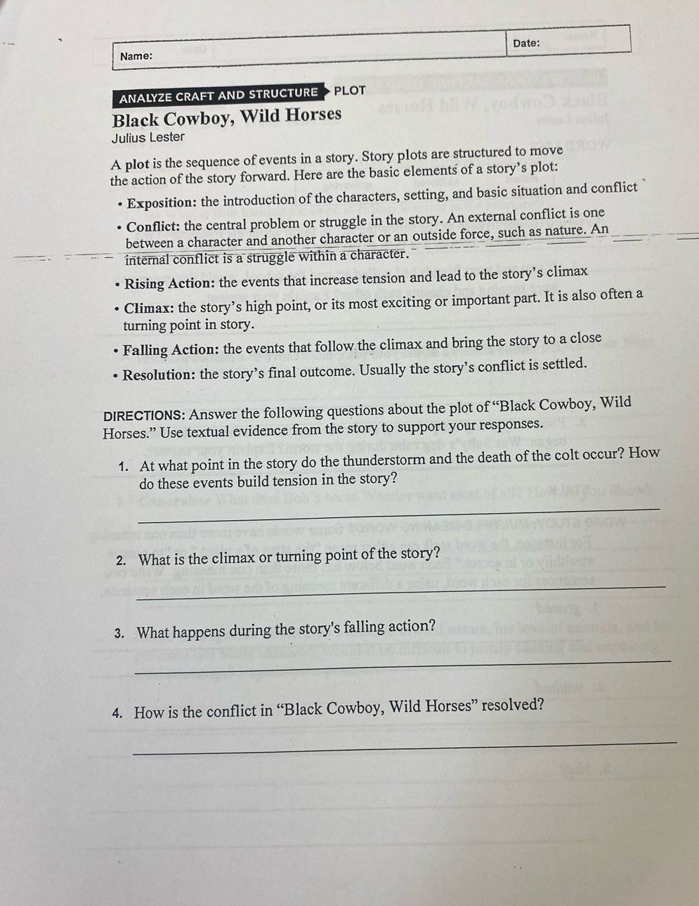 Solved: Name: Date: ANALYZE CRAFT AND STRUCTURE PLOT Black Cowboy, Wild ...
