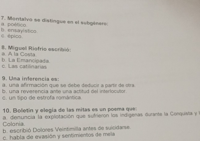 Resuelto:Montalvo se distingue en el subgénero: a. poético. b ...