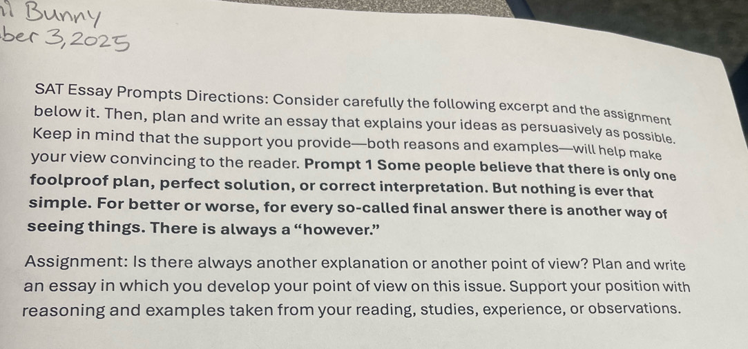 Solved: SAT Essay Prompts Directions: Consider carefully the following ...