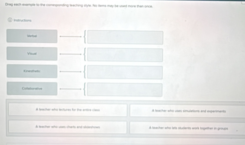 Solved: Drag each example to the corresponding teaching style. No items ...