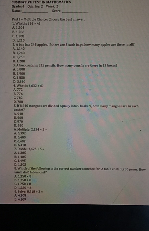 Solved: SUMMATIVE TEST IN MATHEMATICS Grade: 4 Quarter: 2 Week: 2 Name ...