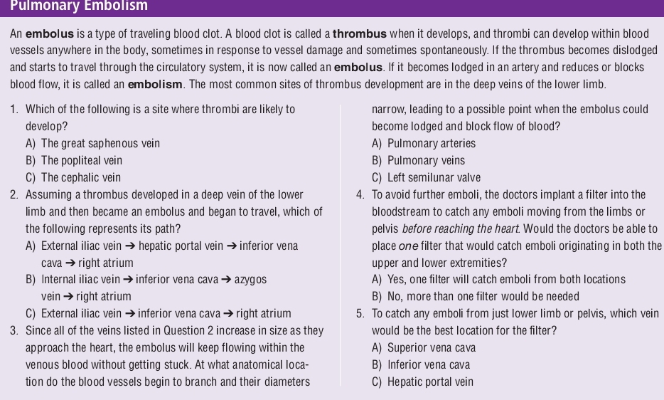 Solved: Pulmonary Embolism An embolus is a type of traveling blood clot ...