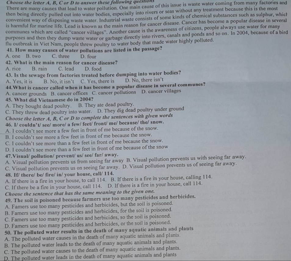 Giải quyết:Choose the letter A, B, C or D to answer these following ...