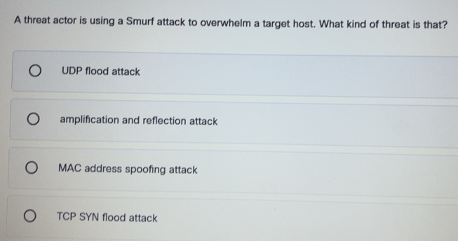 Solved: A threat actor is using a Smurf attack to overwhelm a target ...